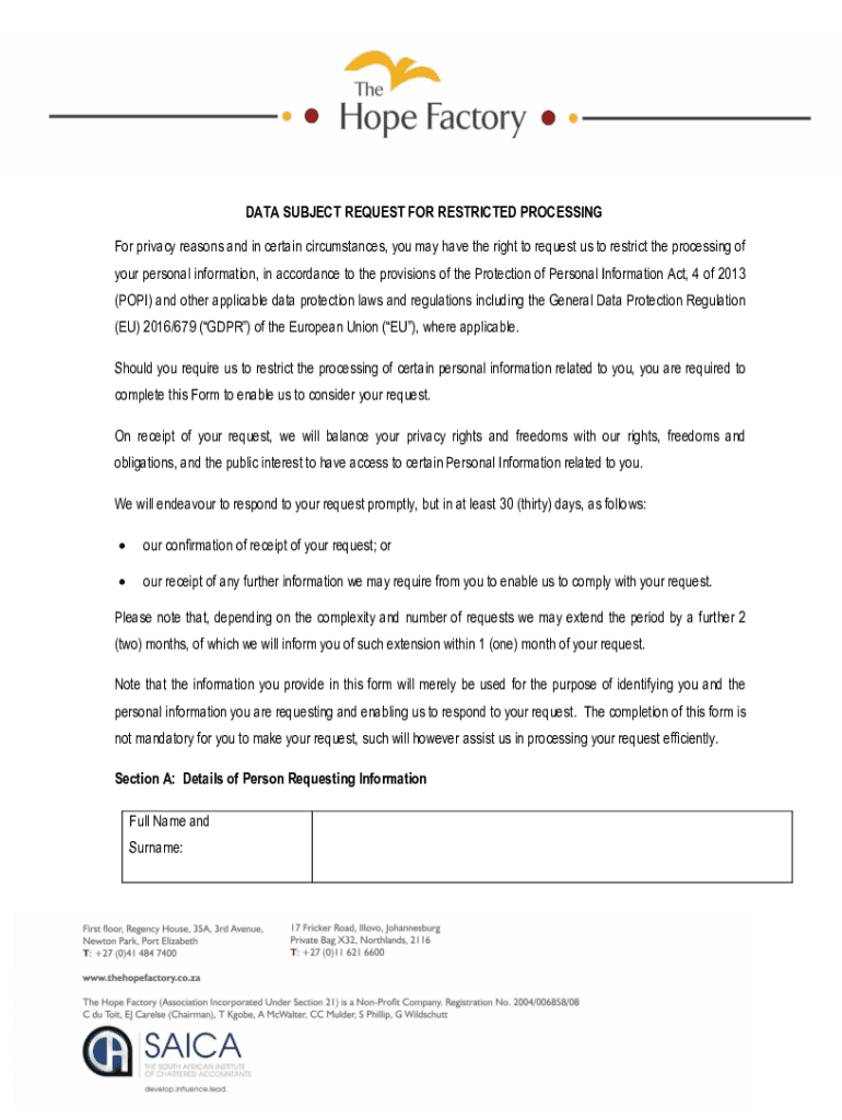 Fillable Online data subject request for restricted processing Fax Email Print - pdfFiller