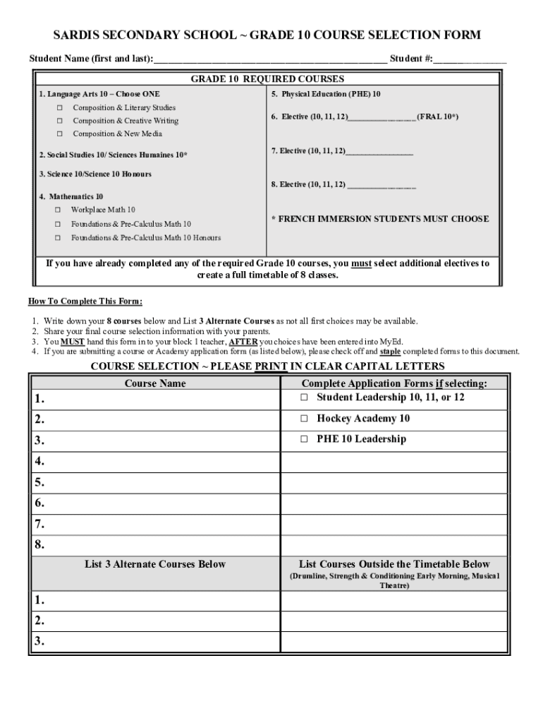 Fillable Online sss sd33 bc grade 10 course selection form - Sardis ...