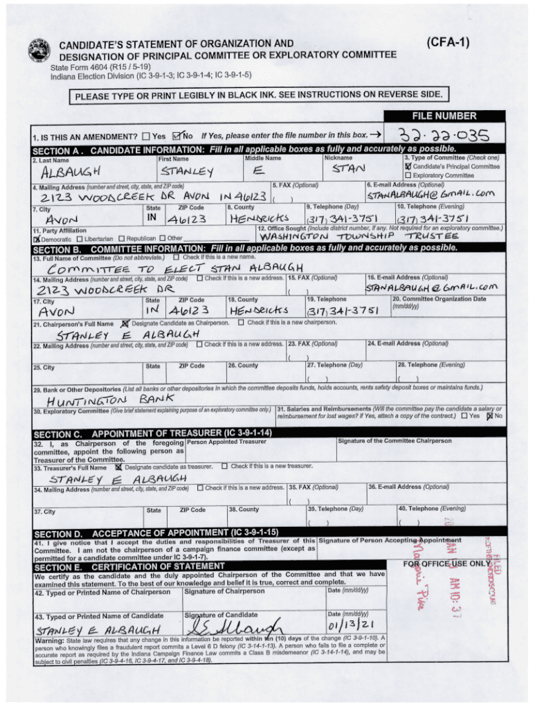 Fillable Online candidate's statement of organization and - Vanderburgh County Fax Email Print ...
