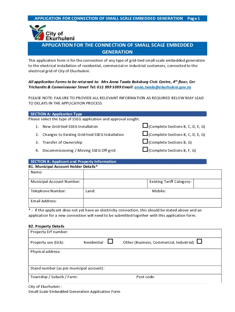 Fillable Online ekurhuleni gov Application for the connection of Small Scale Embedded ... Fax ...
