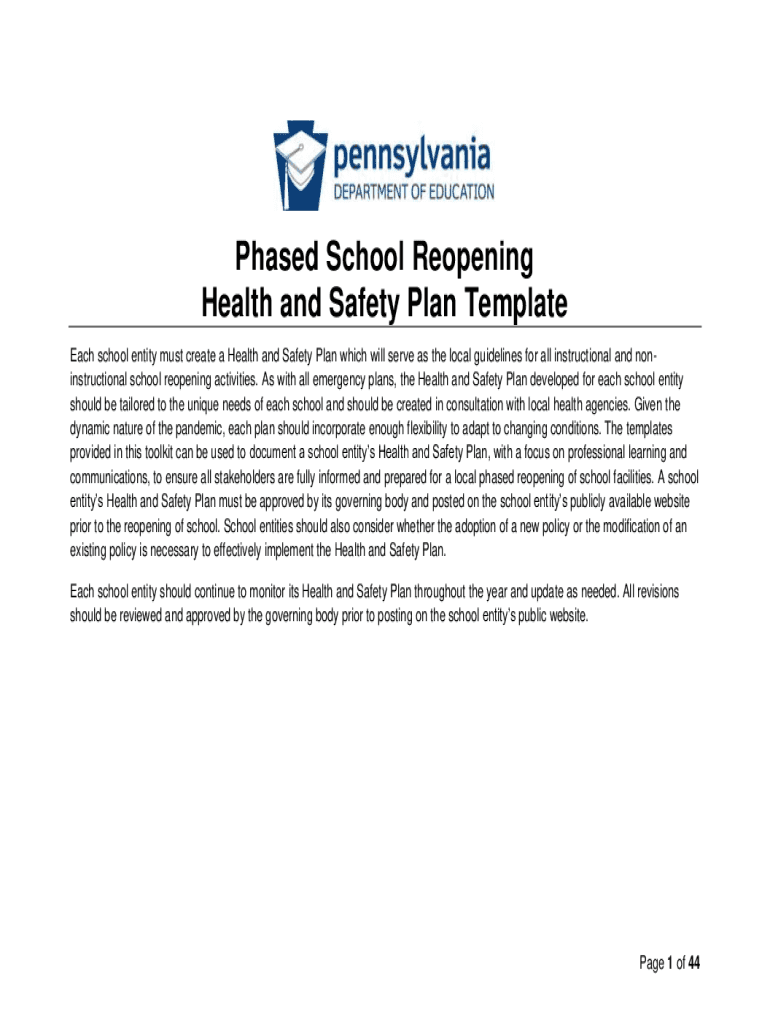 Fillable Online Phased School Reopening Health and Safety Plan Template ...