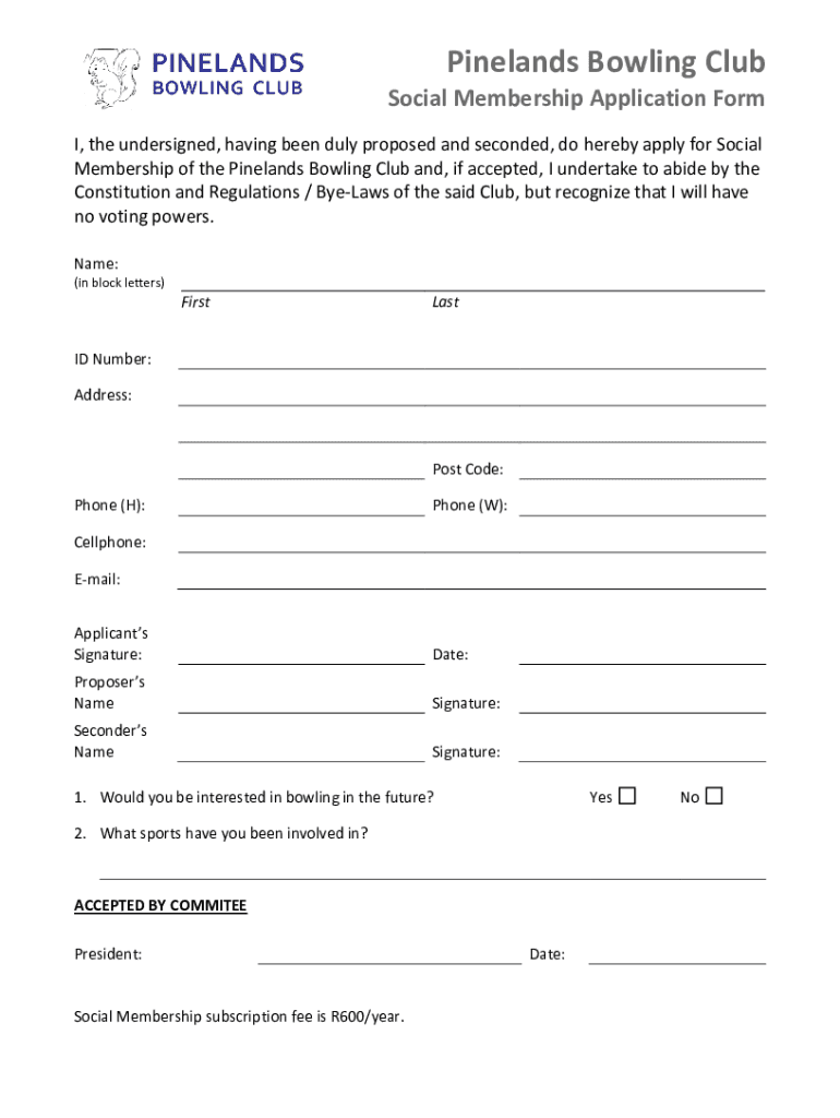 Fillable Online Pinelands Bowling Club - Social Membership Application ...