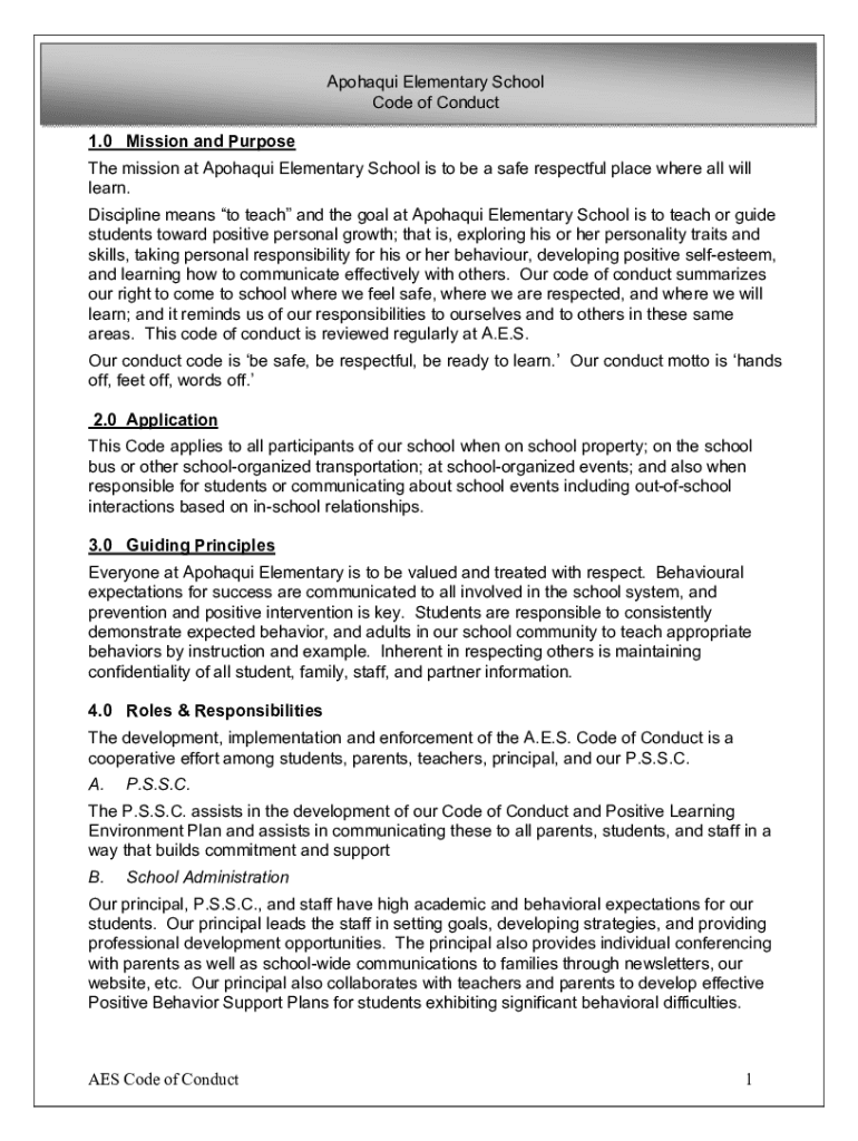 Fillable Online AES Code of Conduct 1 Apohaqui Elementary School Fax ...