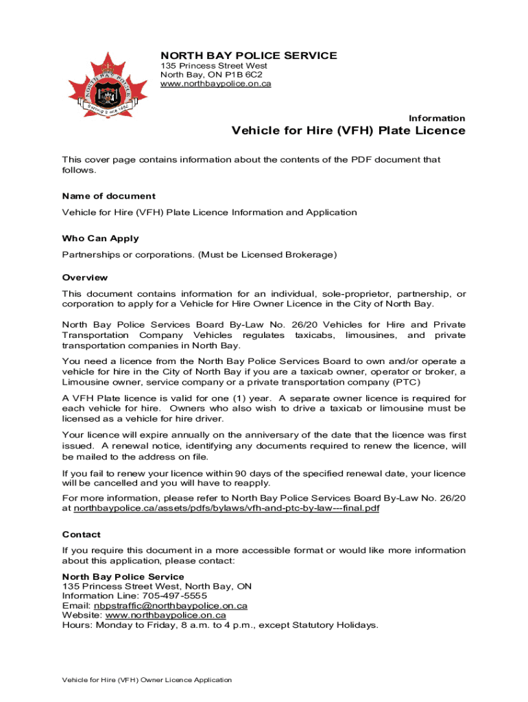 Fillable Online Vehicle for Hire (VFH) Brokerage - North Bay Police ...