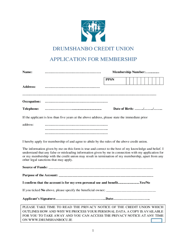 Fillable Online DRUMSHANBO CREDIT UNION APPLICATION FOR ... Fax Email ...