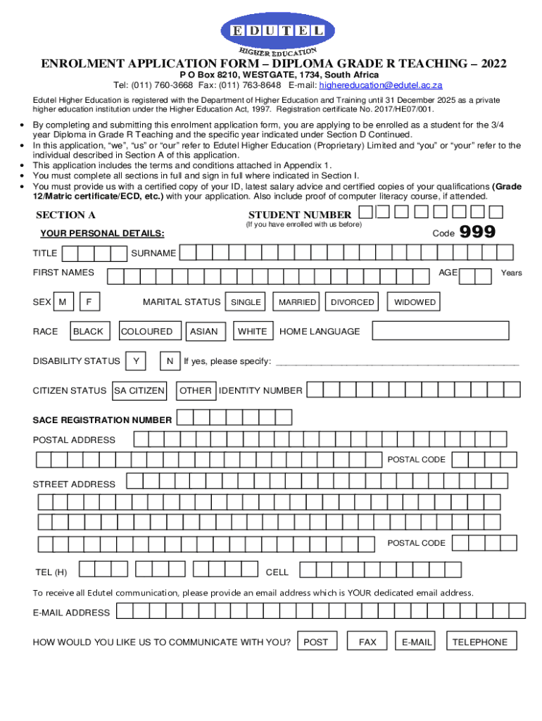 Fillable Online ENROLMENT APPLICATION FORMDIPLOMA GRADE R ... Fax Email Print - pdfFiller