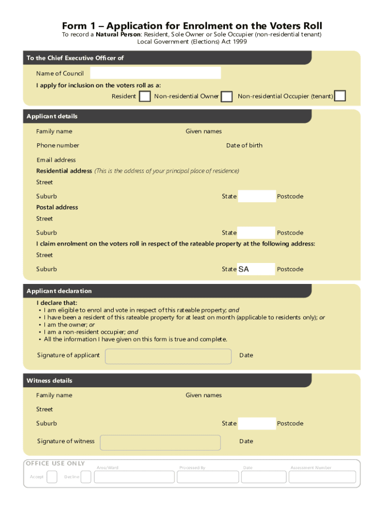 Fillable Online I apply for inclusion on the voters roll as a: Fax ...