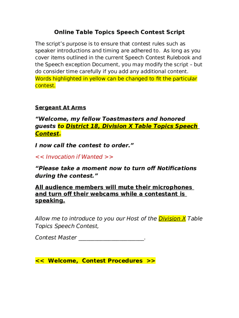 Table Topics Contest Chair/Contest Master Script Doc Template | pdfFiller
