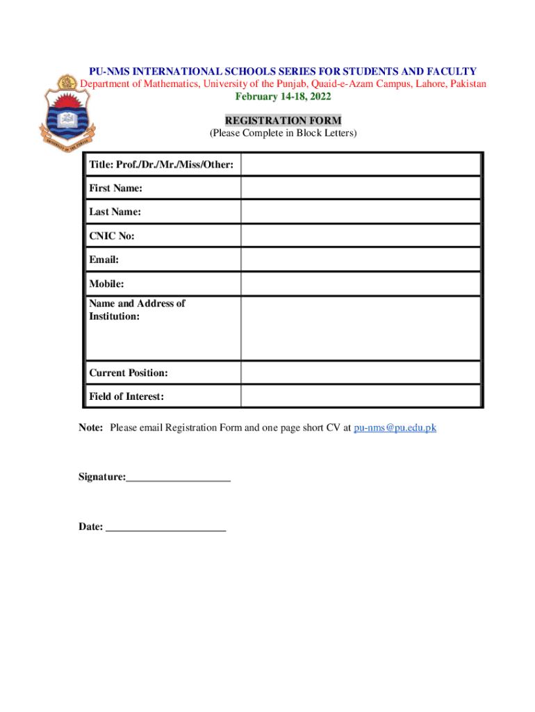 Fillable Online pu edu REGISTRATION FORM - Punjab University Fax Email ...