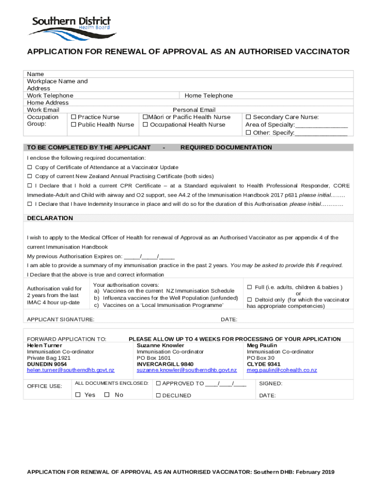 Application for Renewal as an Authorised Vaccinator Doc Template | pdfFiller