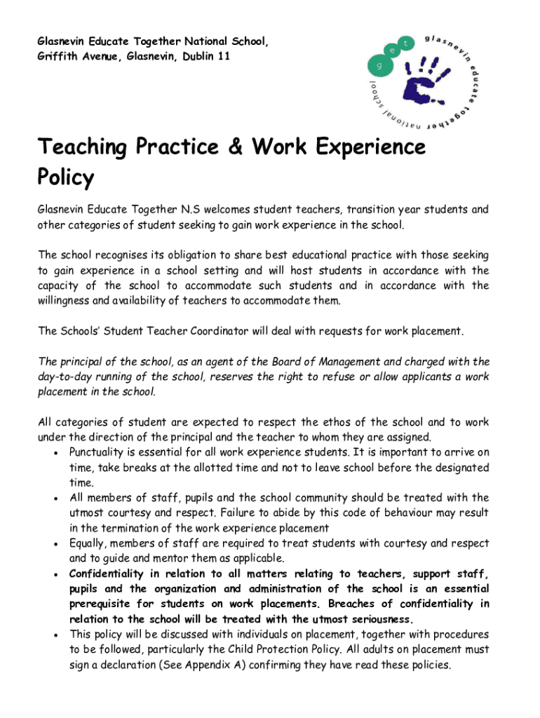Fillable Online Teaching Practice & Work Experience Policy Fax Email ...