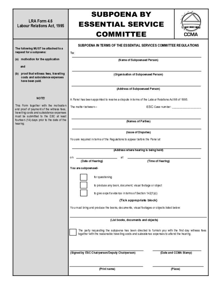 Fillable Online SUBPOENA BY ESSENTIAL SERVICE COMMITTEE - CCMA Fax ...