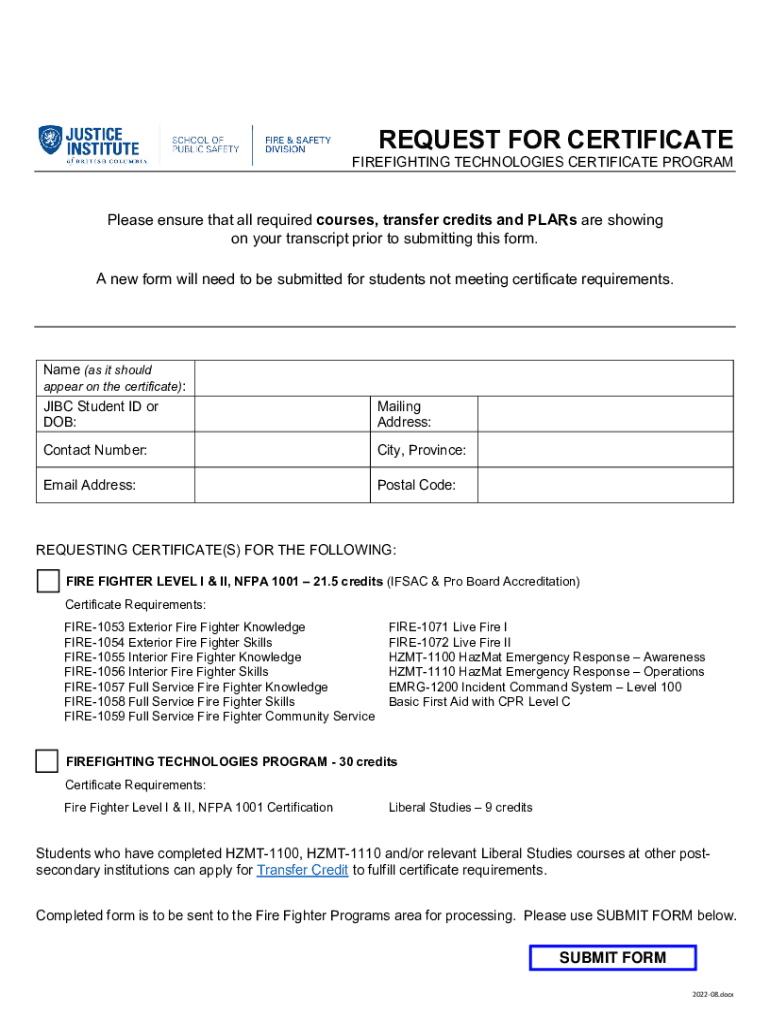 Fillable Online REQUEST FOR CERTIFICATE - JIBC Fax Email Print - pdfFiller