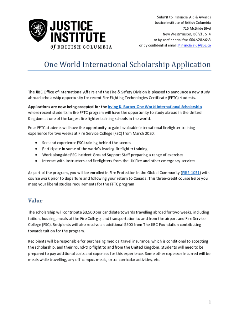 Fillable Online One World International Scholarship Application - JIBC Fax Email Print - pdfFiller