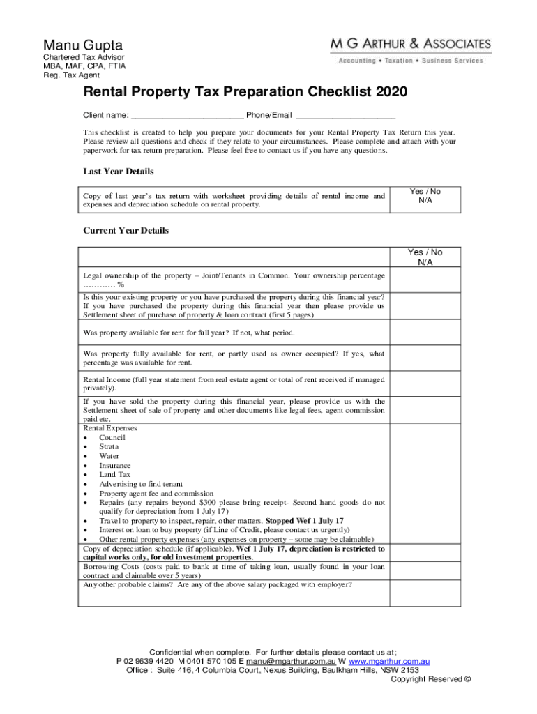Fillable Online Rental Property Tax Preparation Checklist 2020 Manu ...