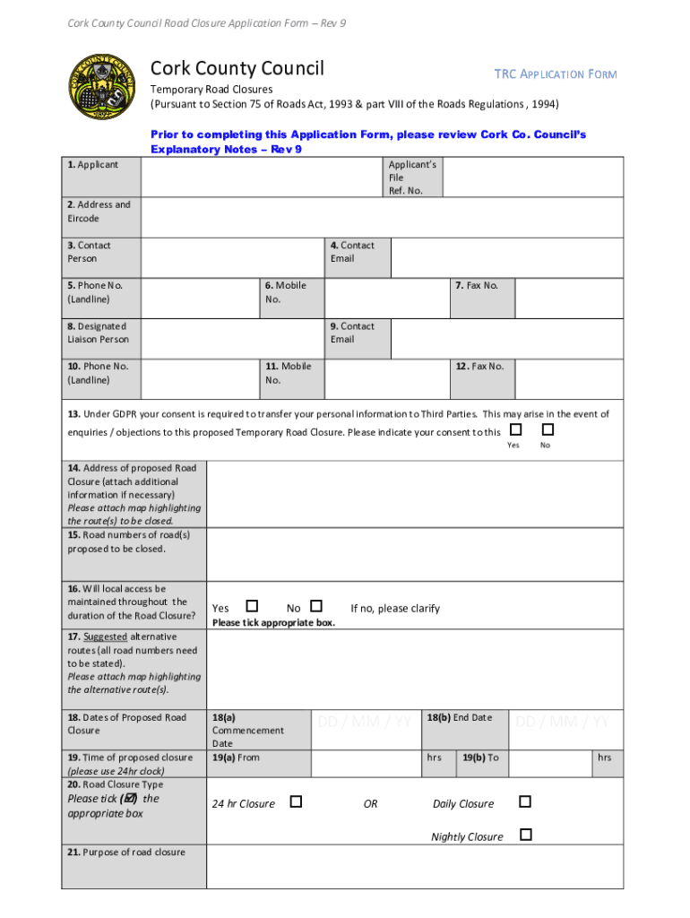 Fillable Online Temp Road Closure APPLICATION FORM - Rev 9 Fax Email ...