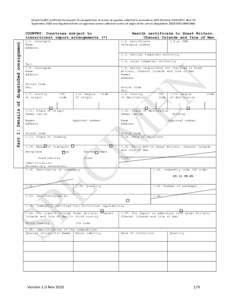 Fillable Online Model health certificate for imports of consignments of ...