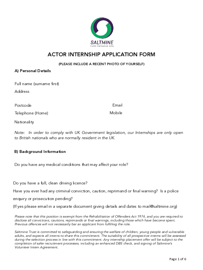 Fillable Online saltminetrust org Acting Internship Application Form ...