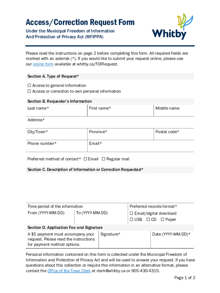 Fillable Online Fillable MFIPPA Access/ Correction Request, Form No ...