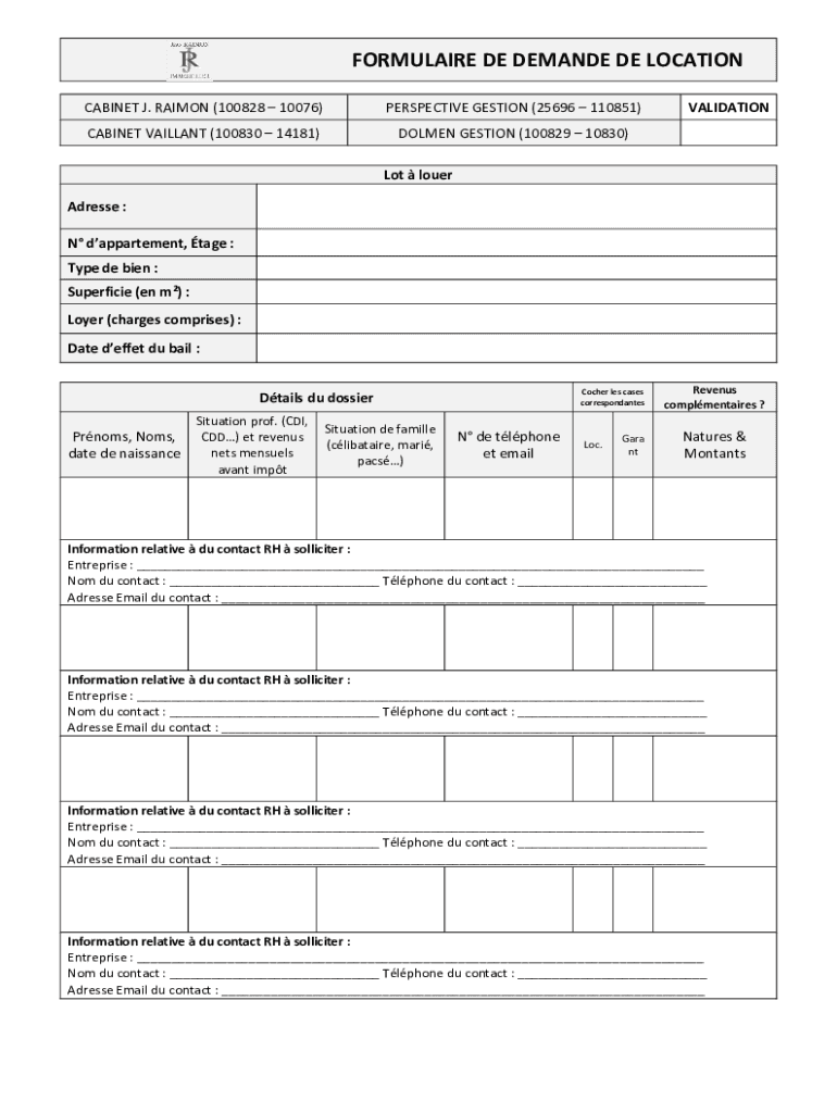 Fillable Online FORMULAIRE DE DEMANDE DE LOCATION Fax Email Print - pdfFiller