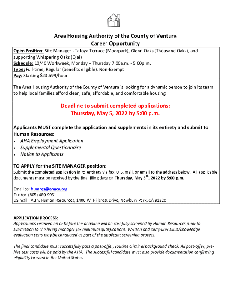Fillable Online Open Position: Site Manager - Tafoya Terrace (Moorpark ...