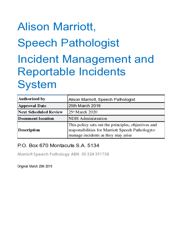Fillable Online Alison Marriott, Speech Pathologist Incident Management ...