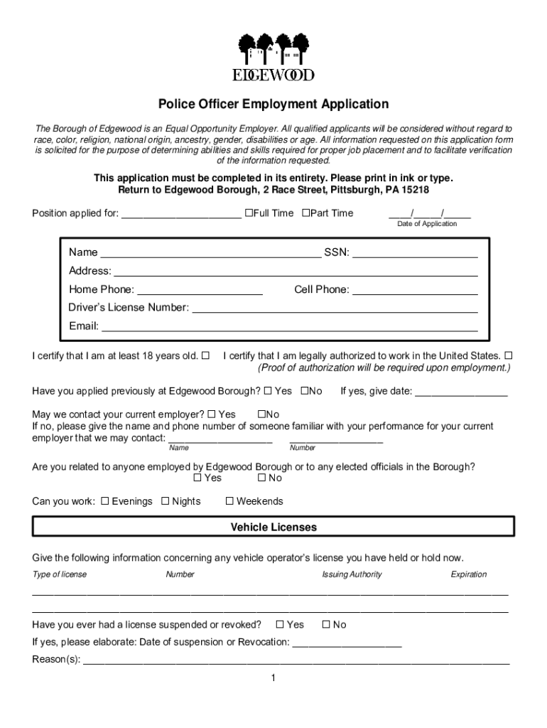 Fillable Online Police Officer Employment Application - Edgewood ...