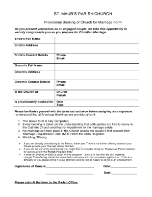 Fillable Online Provisional Booking of Church for Marriage Form Fax ...