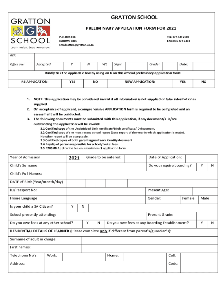 Fillable Online preliminary application form for 2021 - Gratton school ...