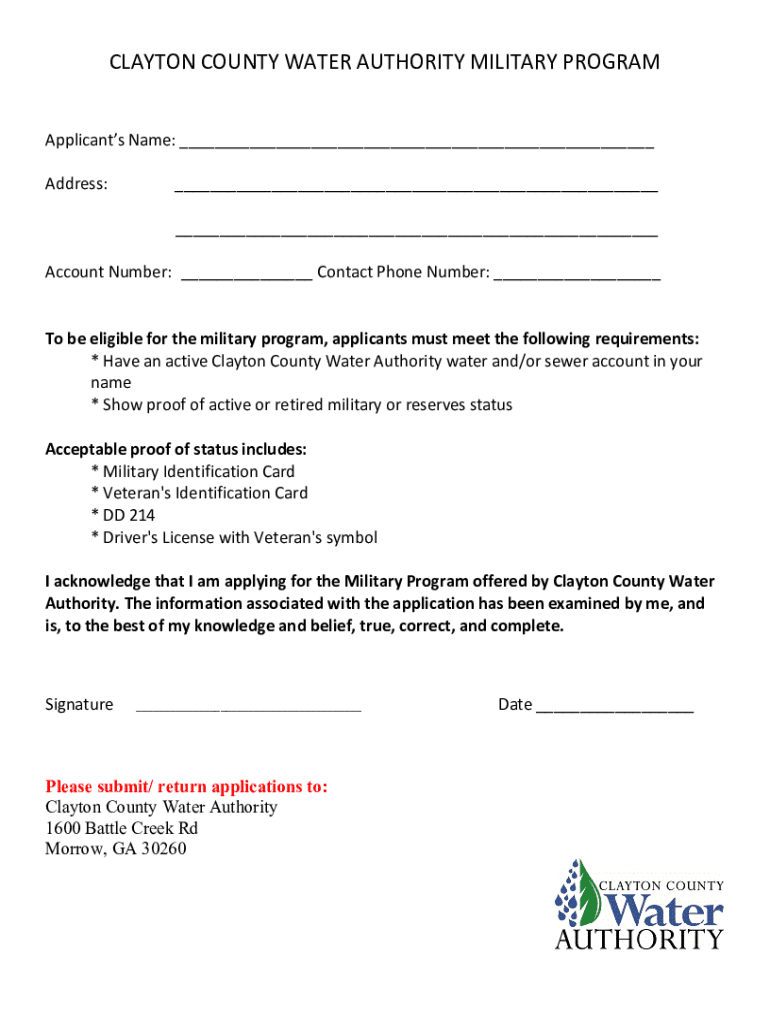 Fillable Online Clayton County Water Now Offering Military Discount Fax Email Print - pdfFiller