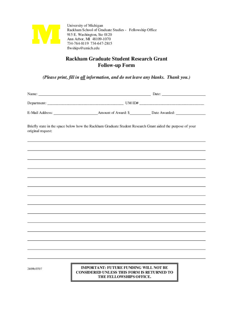 Fillable Online Rackham Graduate Student Research Grant Follow-up Form ...