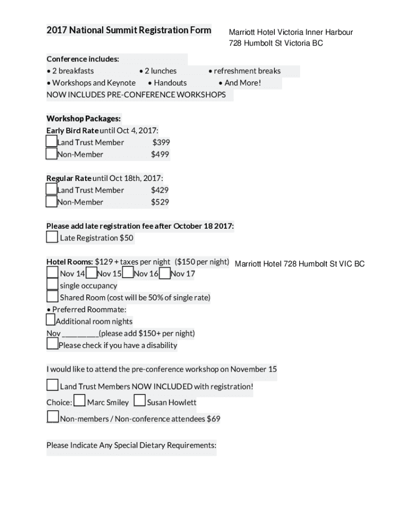 Fillable Online 2017 National Summit Registration Form Final Aug 17 Fax ...