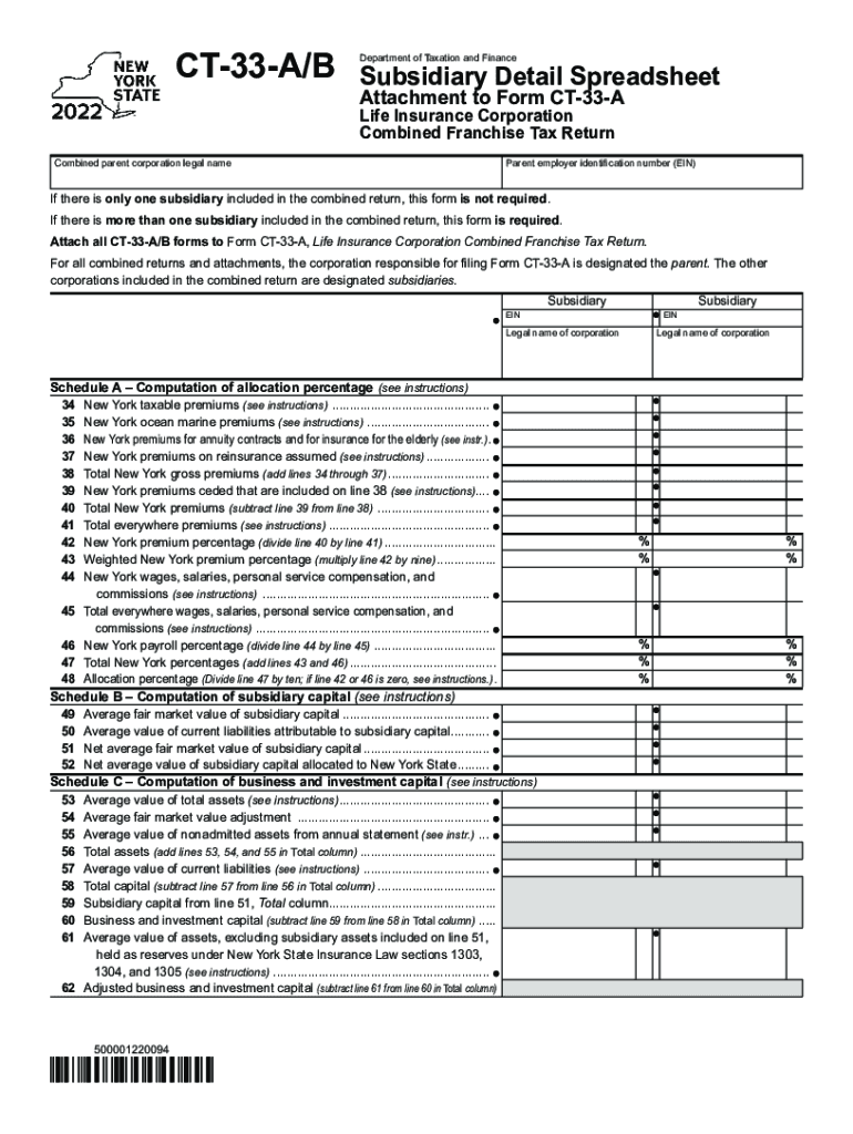 Fillable Online Form CT-33-A/B Subsidiary Detail Spreadsheet Attachment ...