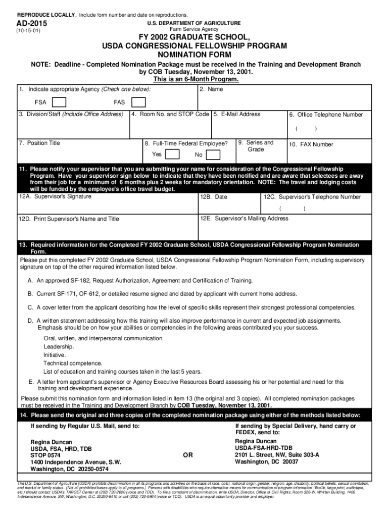 Fillable Online USDA Congressional Fellowship Program Nomination Form. USDA Congressional ...