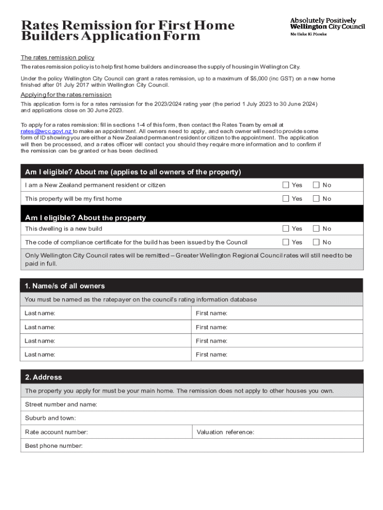 Fillable Online wellington govt Rates Remission for first home builders ...