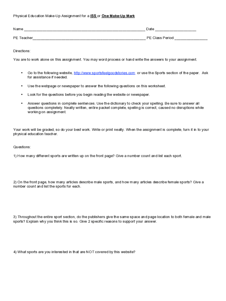 Fillable Online Physical Education Make-Up Assignment for a ISS or One ...