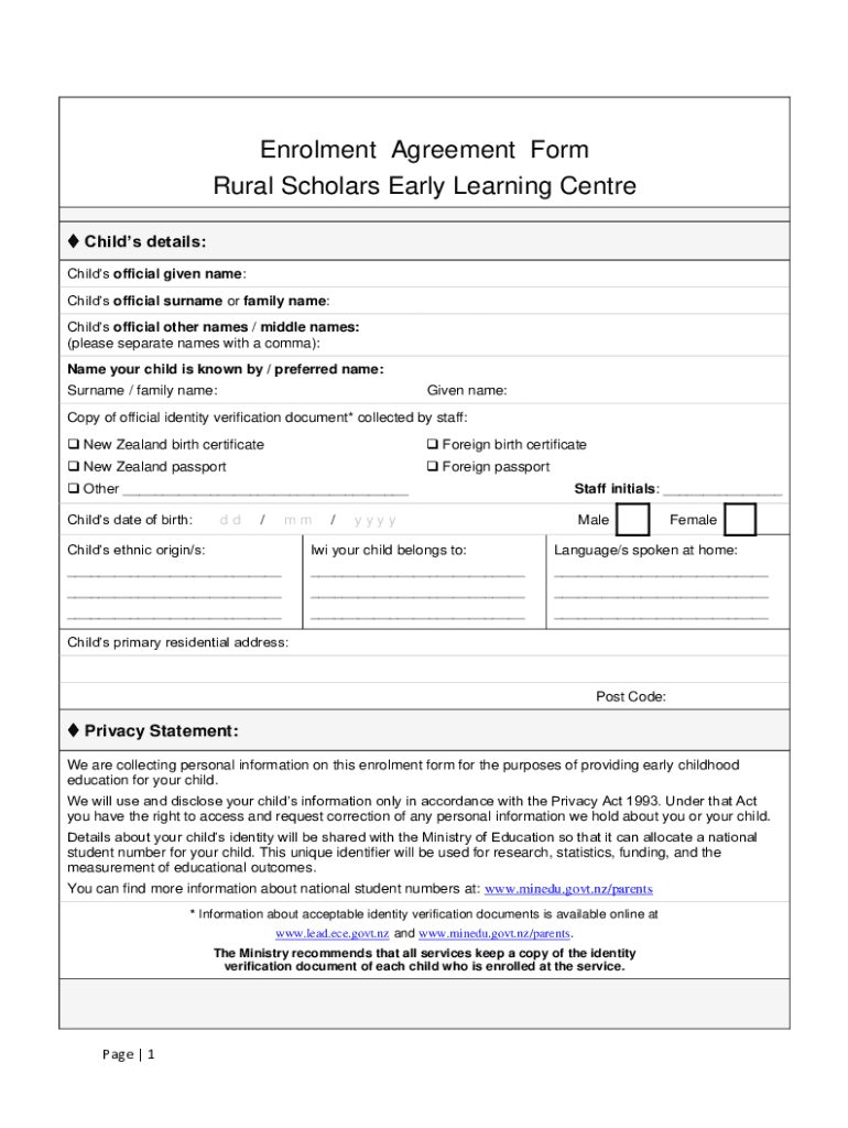 Fillable Online Enrolment Agreement Form Rural Scholars Early Learning ...