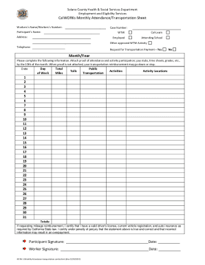Fillable Online CalWORKs Monthly Attendance/Transportation Sheet Fax ...