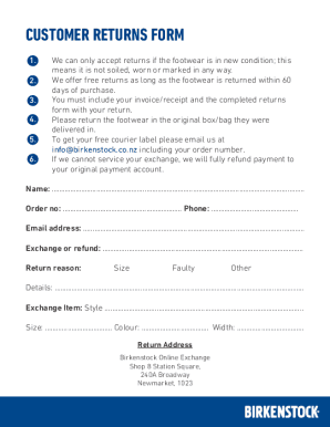 Fillable Online birkenstock-return-form (60 days return) Fax Email ...
