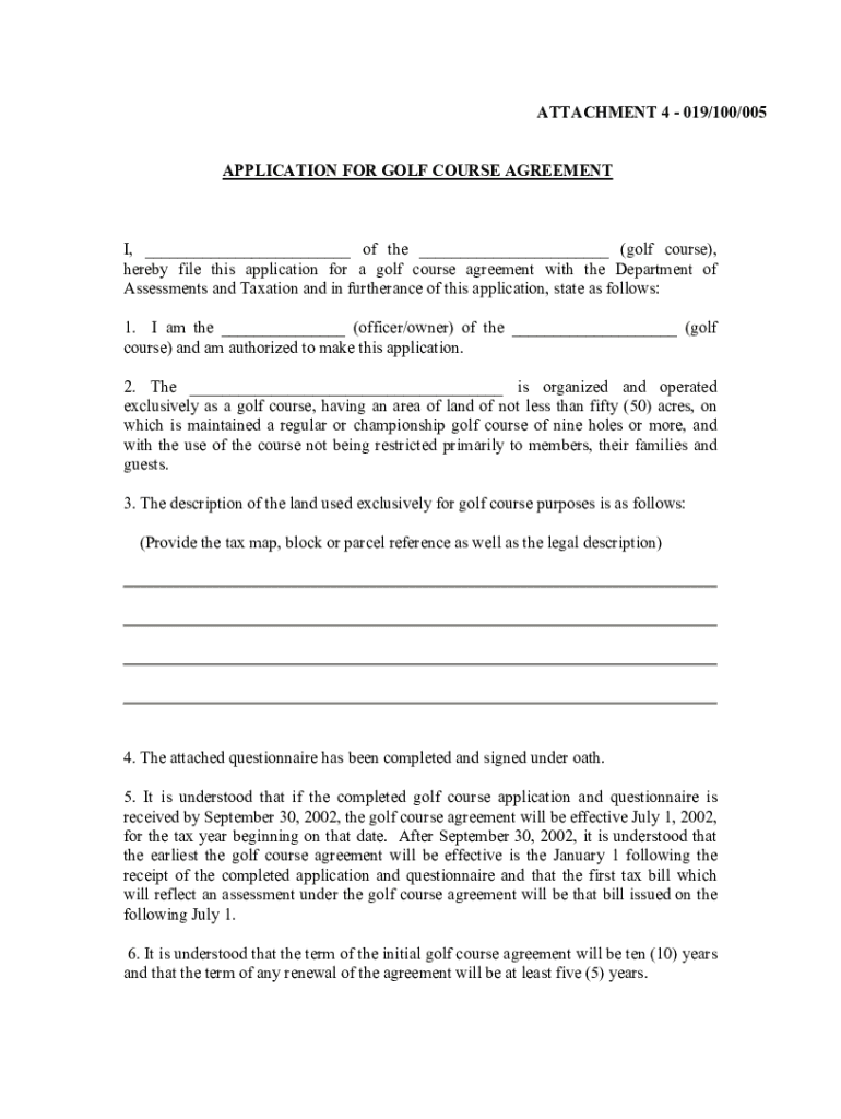 Fillable Online Application for Golf Course Agreement. Application for ...