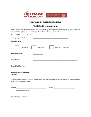 Fillable Online HERITAGE IN SCHOOLS SCHEME Visit Confirmation Form Fax ...