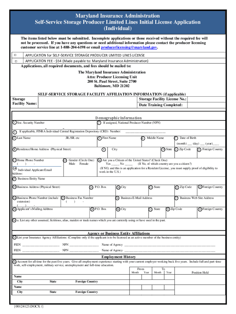 Fillable Online 1. Individual Initial Self Service Storage Application ...
