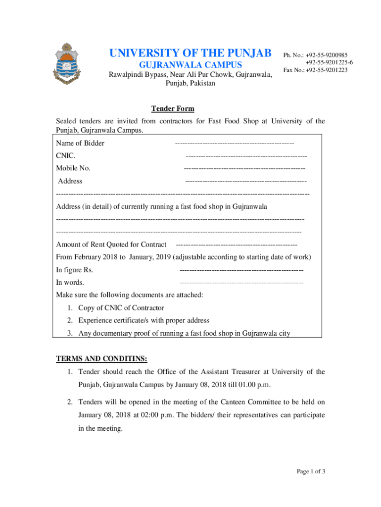 Fillable Online pu edu tender form for fast food 3rd.pdf - Punjab ...