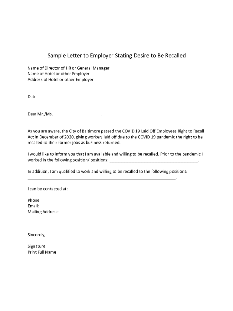 Fillable Online Sample Letter to Employer Stating Desire to Be Recalled ...