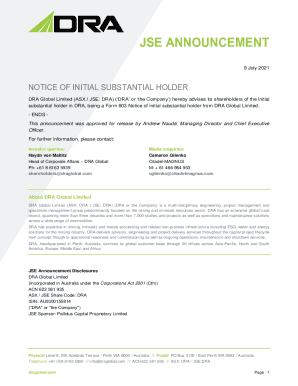 Fillable Online DRA Global Limited - Notice of initial substantial ...