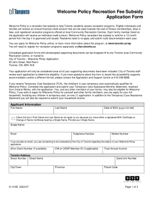 Fillable Online Welcome Policy Application FormCity of Toronto Fax ...