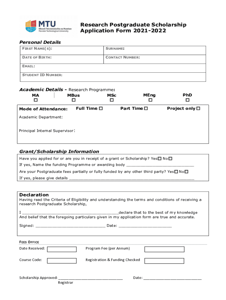Fillable Online Research Postgraduate Scholarship Application Form 2021 ...