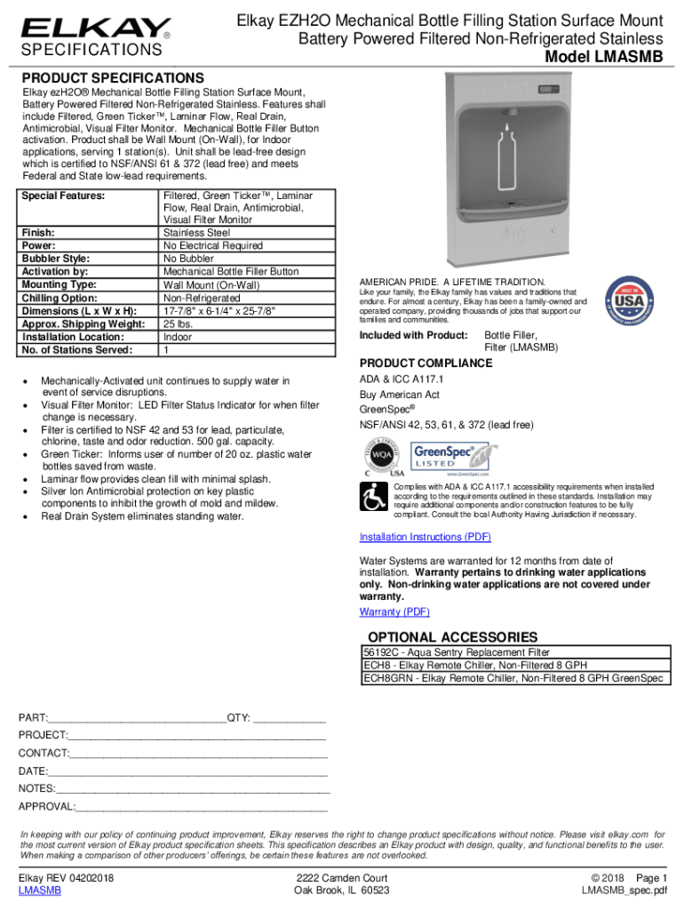 Fillable Online Elkay LMASMB EZH2O Battery-Powered Filtered Surface ... Fax Email Print - pdfFiller