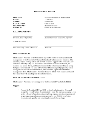 Fillable Online Executive Assistant to the President Job Description ...