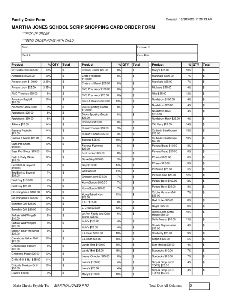 Fillable Online Scrip Order Form Blessed Sacrament School 394 E Main St ... Fax Email Print ...